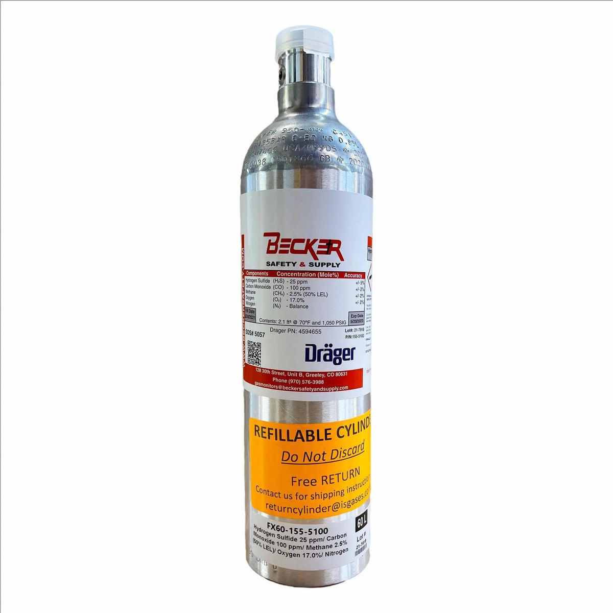 Draeger Calibration Gas O2 CO H2S LEL 58L 17 Percent
